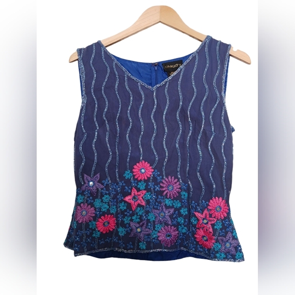Chaudry | Tops | Chaudry X Anthropologie Blue Silk Beaded Embroidered ...
